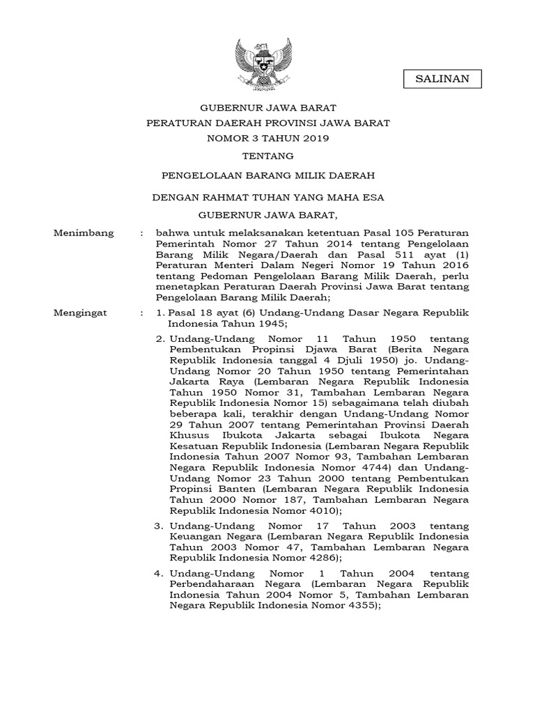 Perda No 3 Tahun 2019 TTG Pengelolaan Barang Milik Daerah | PDF