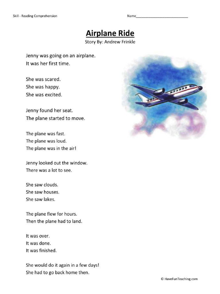 Free Airplane Ride First Grade Reading Comprehension Worksheet | PDF