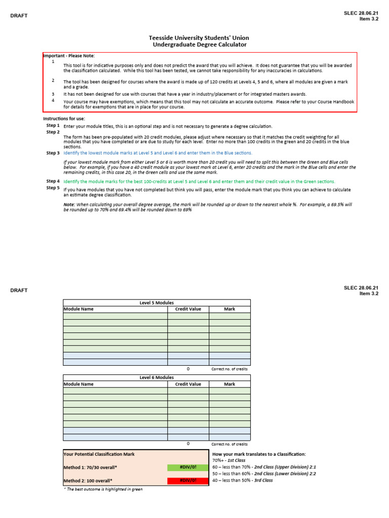 Teesside Uni Degree Calculator Guide | PDF