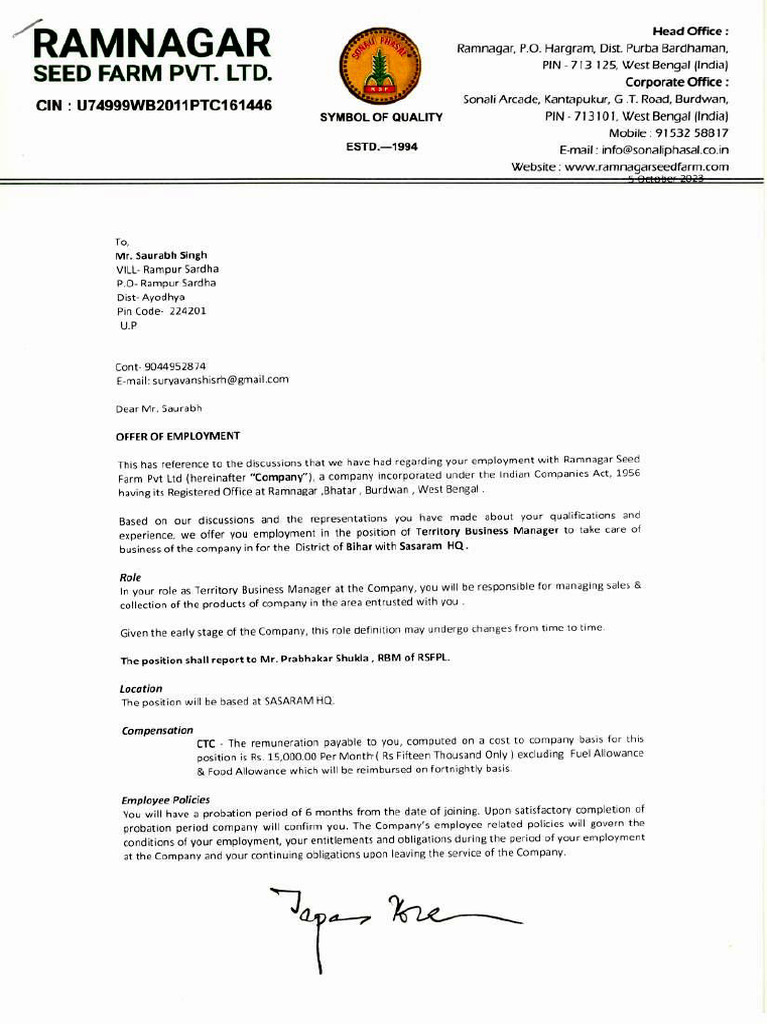 Mr. Saurabh Sing Offer Letter | PDF