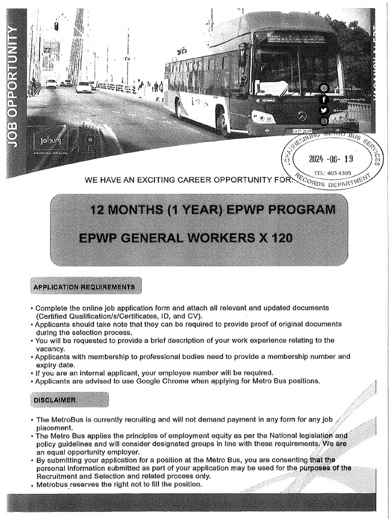 Epwp General Worker Vacancies x120 Posts at The Joburg Metro Bus | PDF