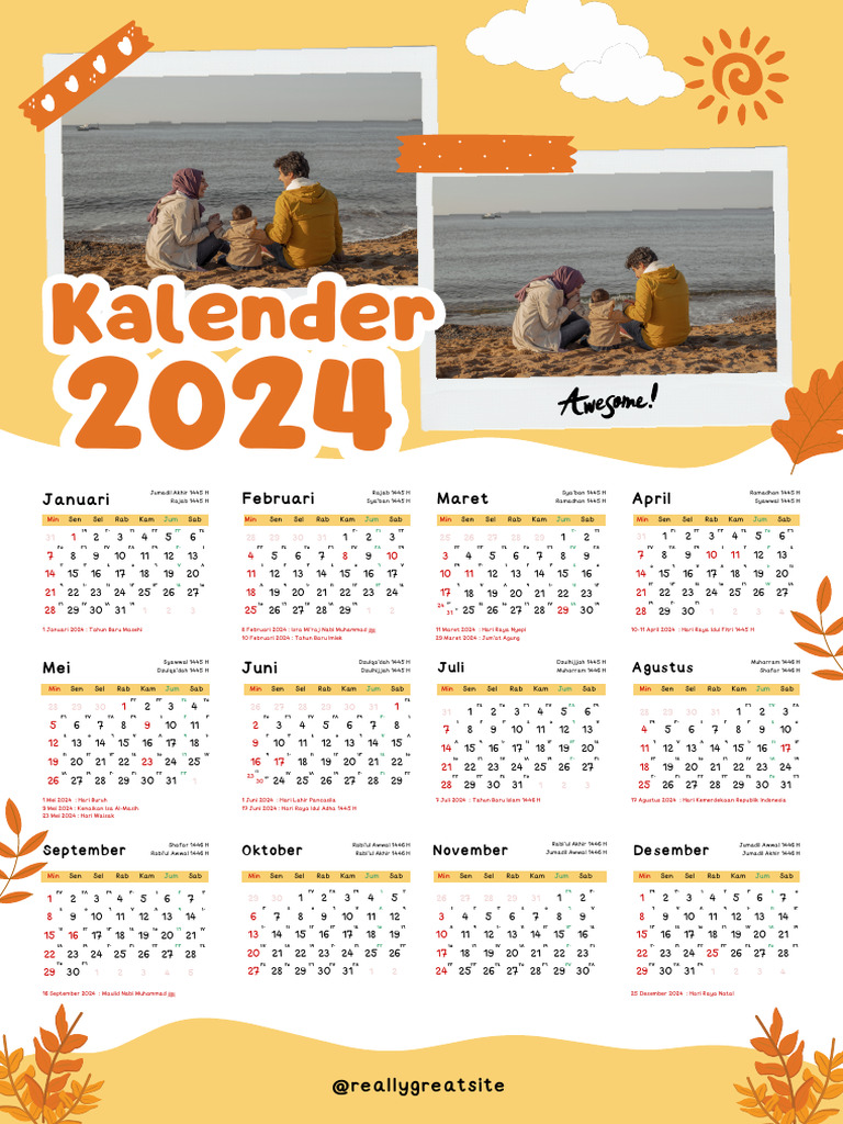 Kuning Jingga Ilustrasi Ceria Kalender Tahun 2024 Foto Kolase A3 | PDF