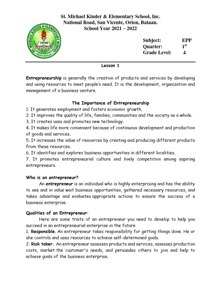 Lesson 1 (Entrepreneurship) | PDF | Entrepreneurship | Business