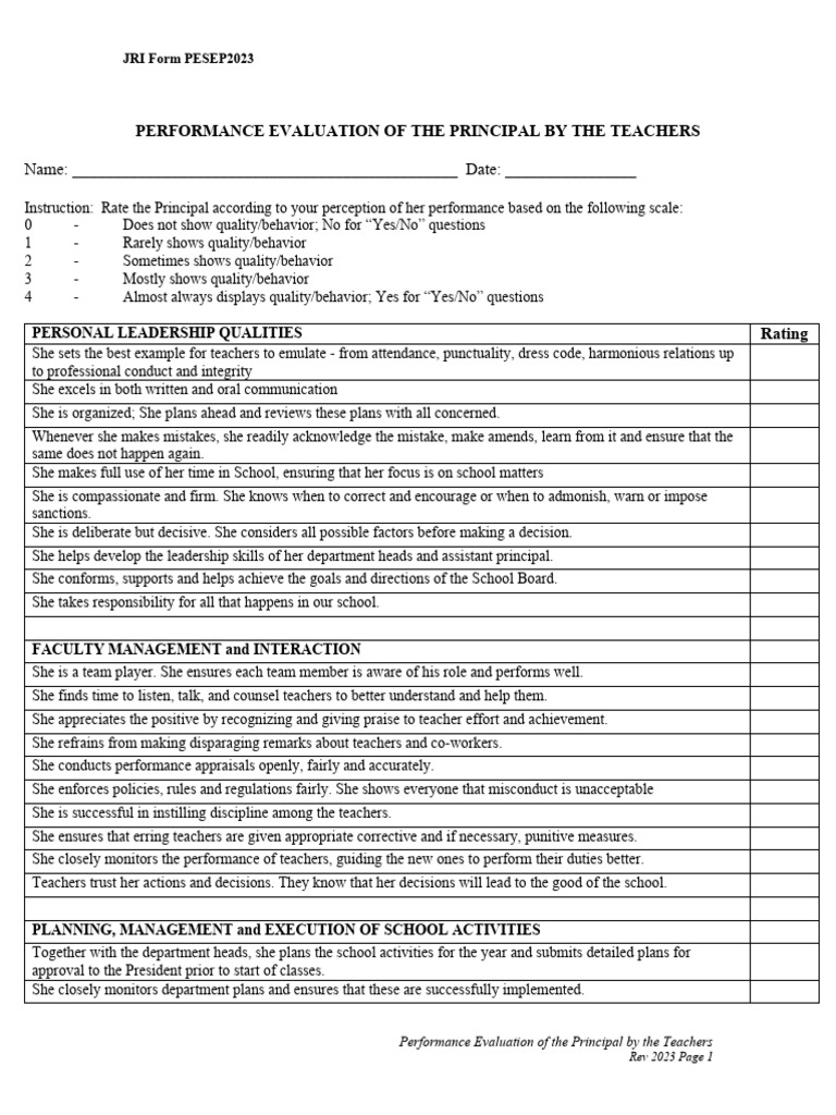 Principal Performance Evaluation Form | PDF | Teachers | Performance Appraisal