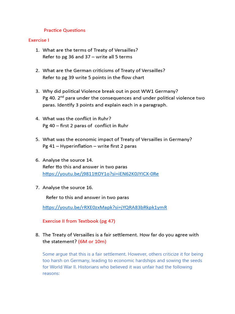 Practice Questions For Terms of ToV | PDF | Treaty Of Versailles ...