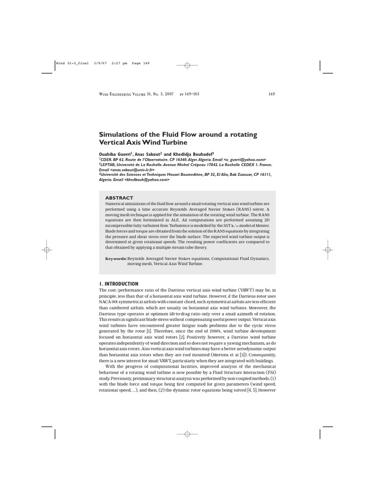 Guerri Et Al 2007 Simulations of The Fluid Flow Around A Rotating Vertical Axis Wind Turbine ...