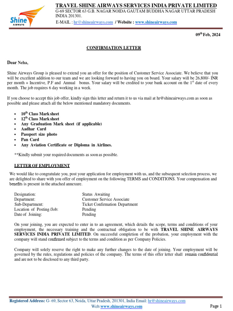 Shine Airways Job Offer Confirmation | PDF | Employment | Salary