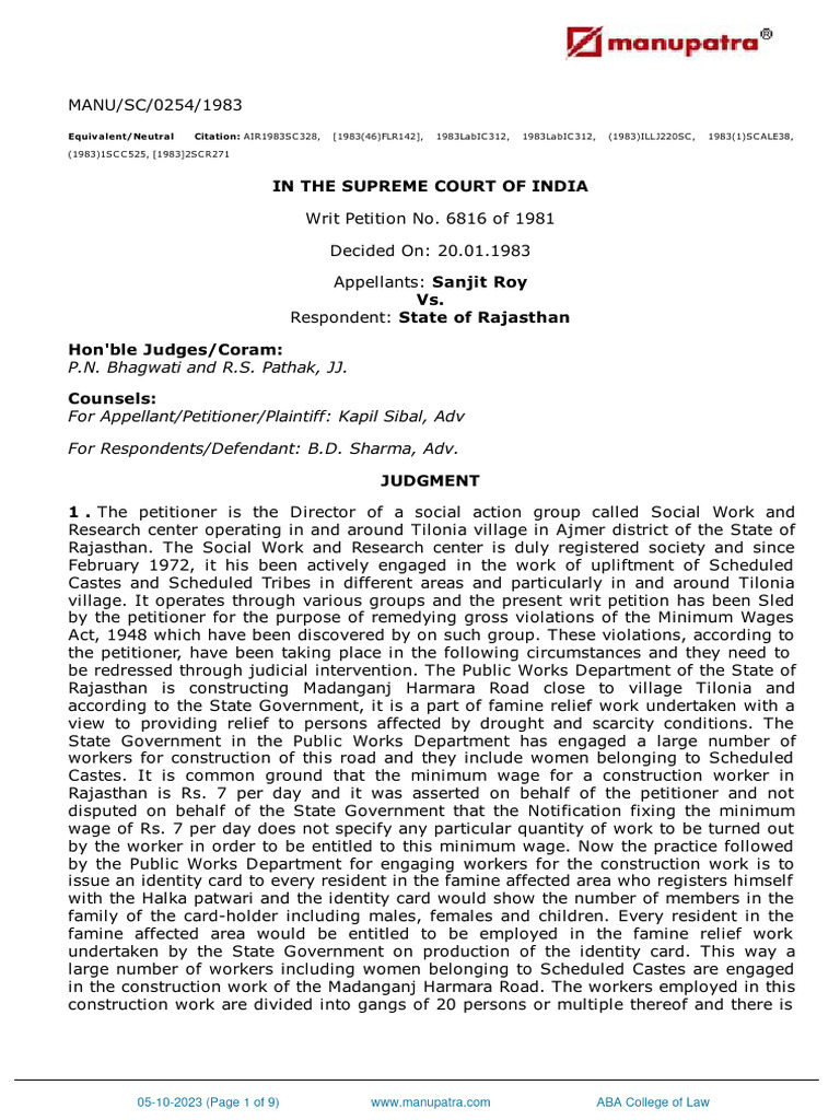 Sanjit Roy Vs State of Rajasthan 20011983 SCs830254COM786561 | PDF ...
