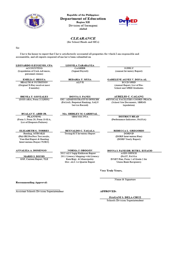 School Heads Clearance Report Template | PDF
