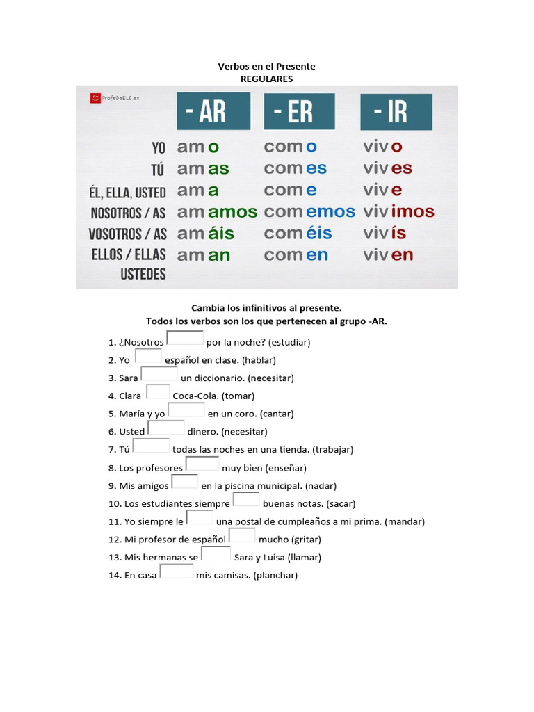 Ejercicios Presente Regulares | PDF | Estudios de idiomas extranjeros