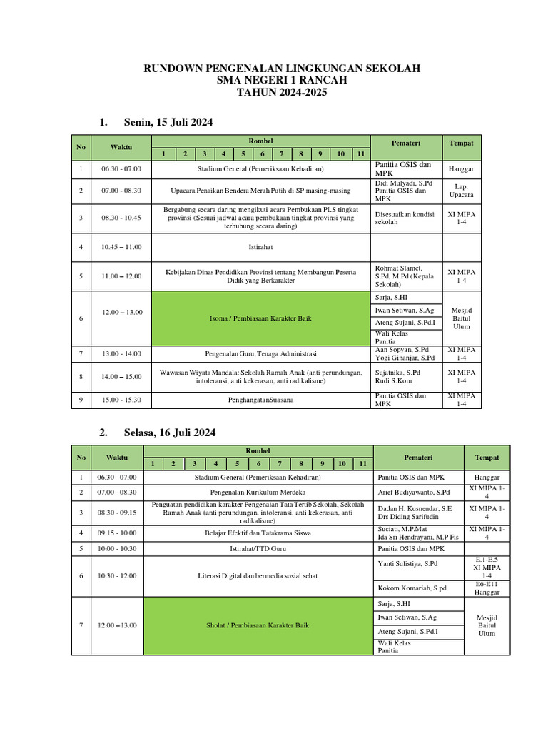 RUNDOWN PENGENALAN LINGKUNGAN SEKOLAH | PDF