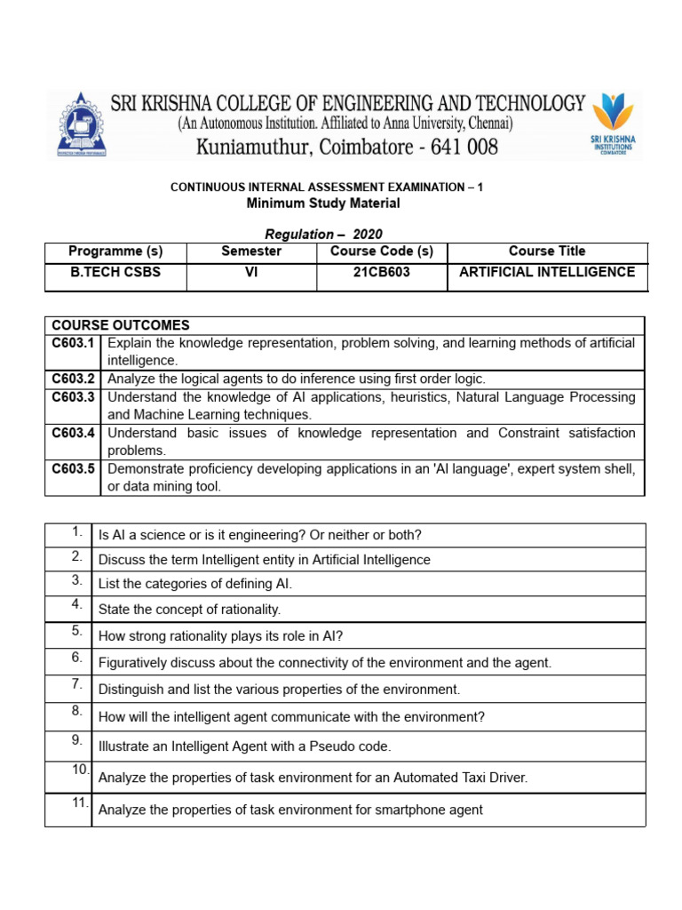 21CB603 - Ai - Cia 1 - MSM | PDF | Artificial Intelligence | Intelligence (AI) & Semantics