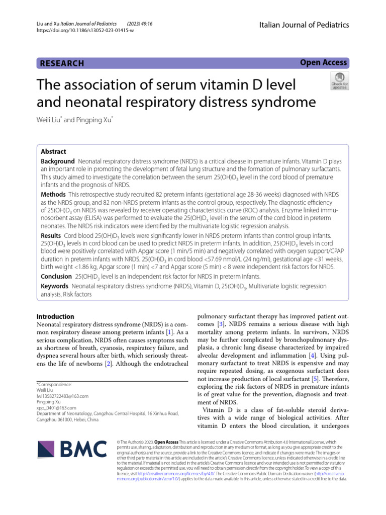 The Association of Serum Vitamin D Level and Neonatal Respiratory ...