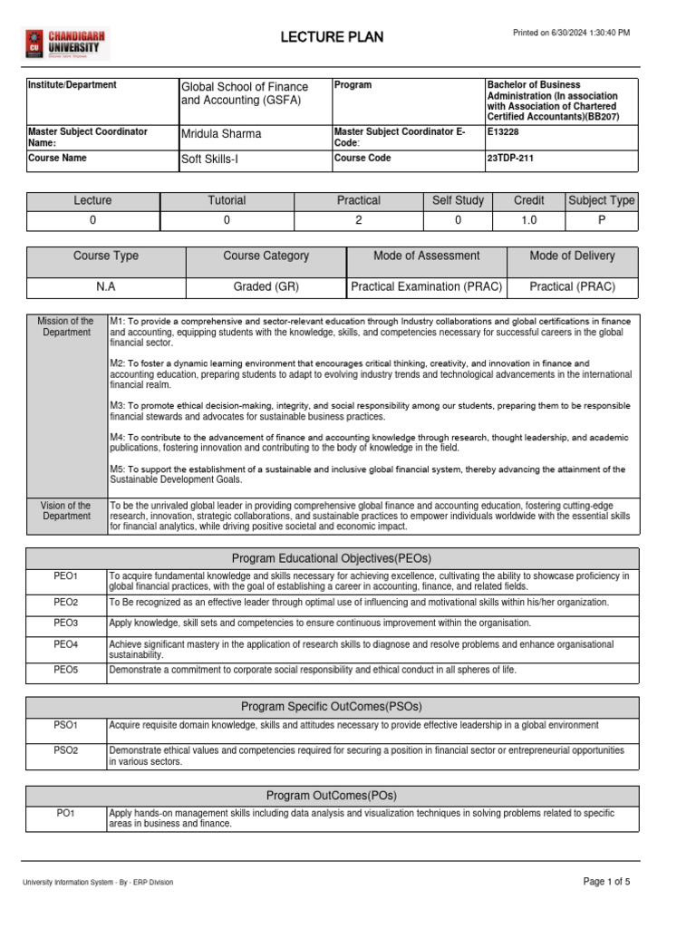 LecturePlan BB207 23TDP-211 | PDF | Accounting | Critical Thinking