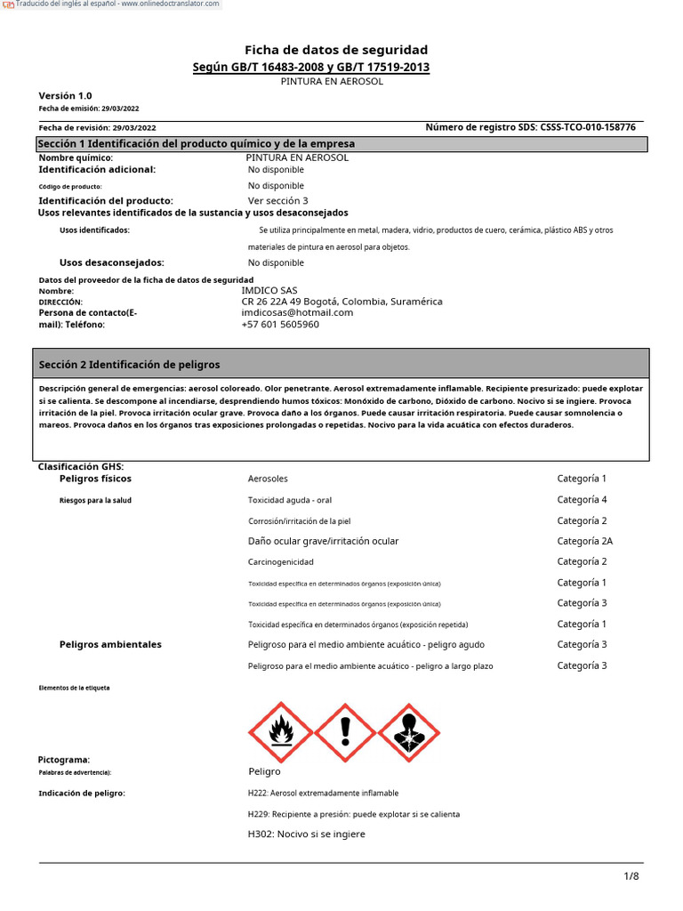 MSDS AEROSOL SPRAY PAINT IMDICO (4) .En - Es | PDF | Química