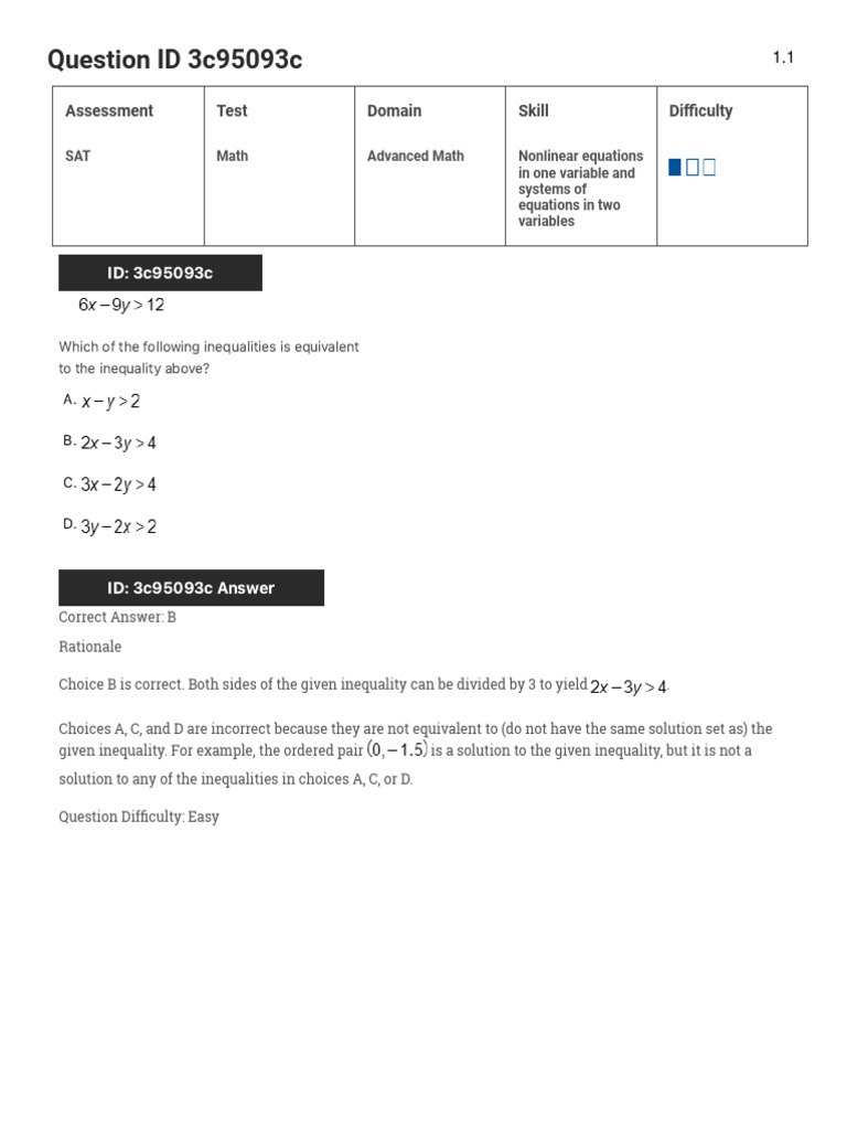 Nonlinear Equations and Systems of Equations (Level 1) Answer Key | PDF | Equations | Sat