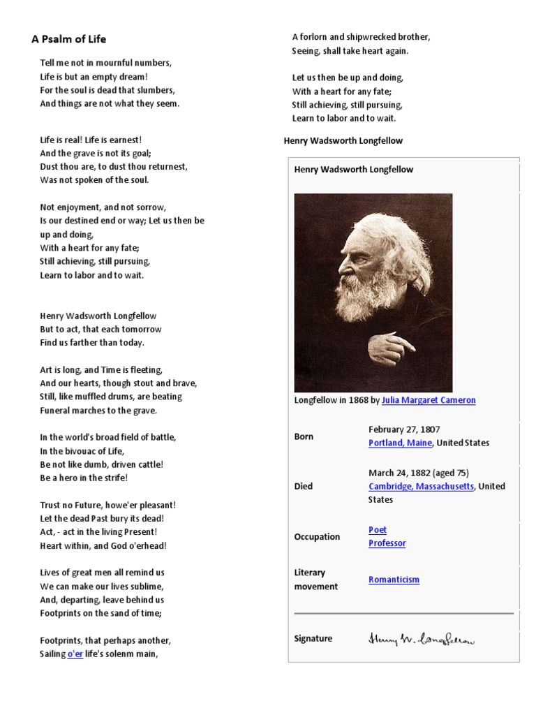 A Psalm of Life | Download Free PDF | Henry Wadsworth Longfellow | Poetry