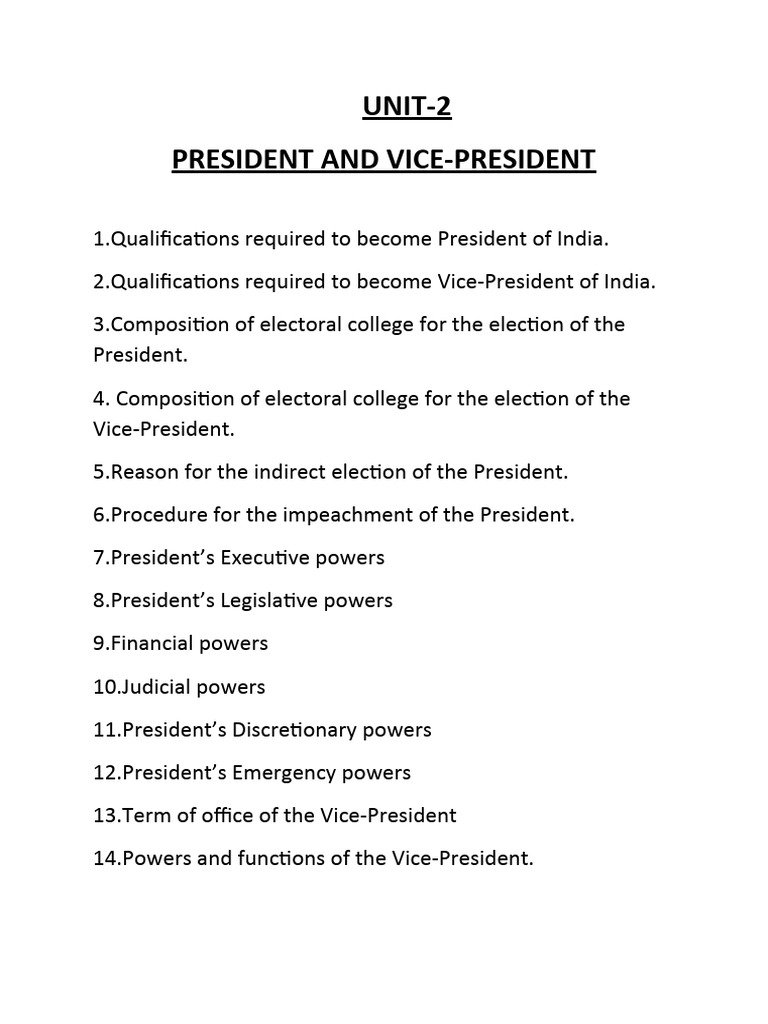 Civics Unit-2 President and Vice-President | PDF | Political Law ...