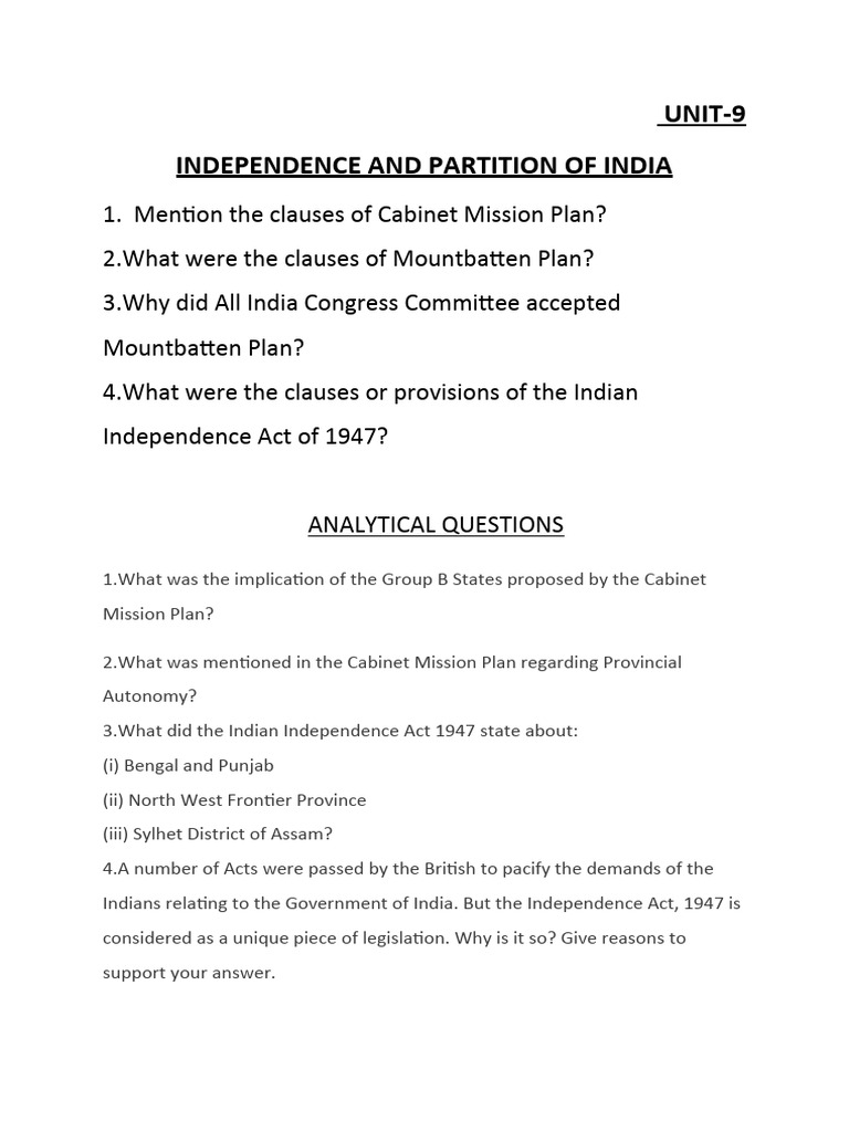 Unit-9 Independence and Partition of India | PDF | Partition Of India ...
