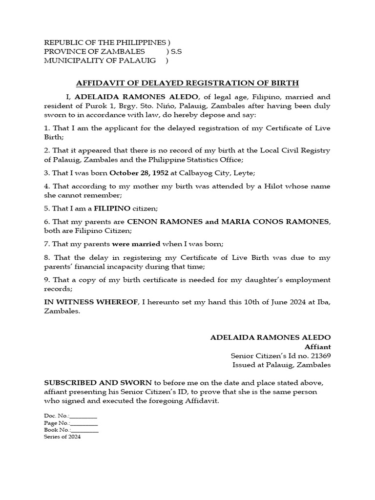 Affidavit of Delayed Registration (Ramones Aledo) | PDF | Law