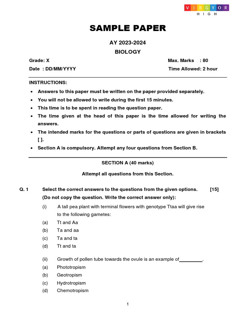 Grade 10 Biology Sample Paper Term 1 | PDF | Biology | Cell Biology
