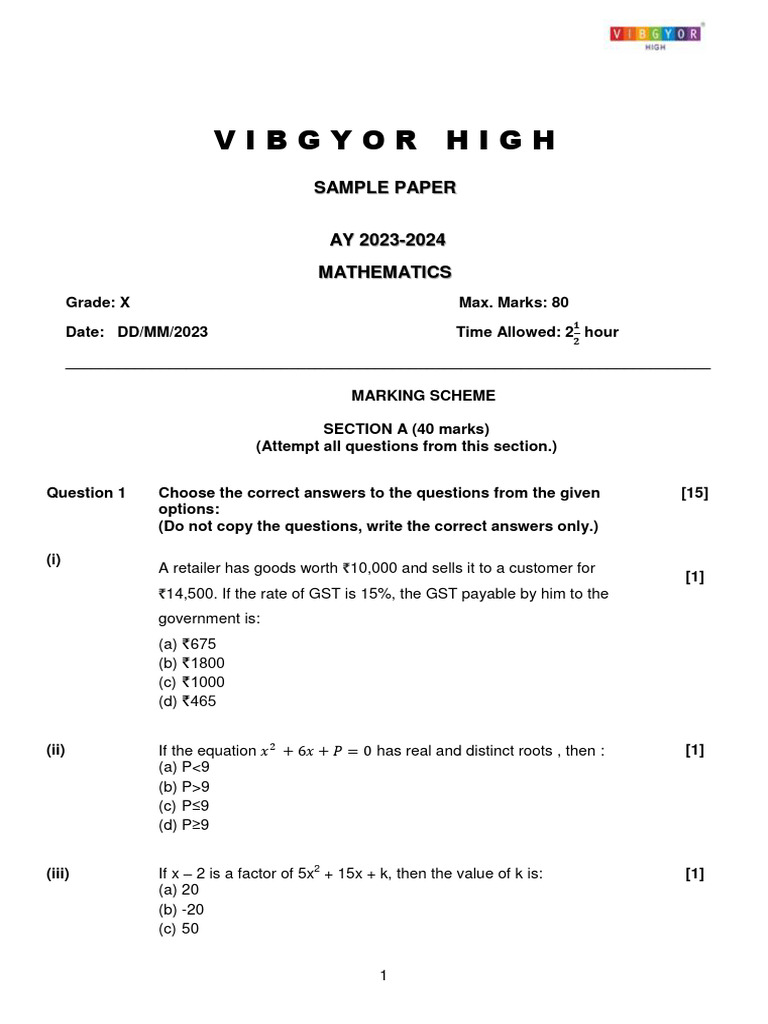 Term1 Grade 10 Sample Paper Mathematics 23-24 | PDF | Quadratic ...