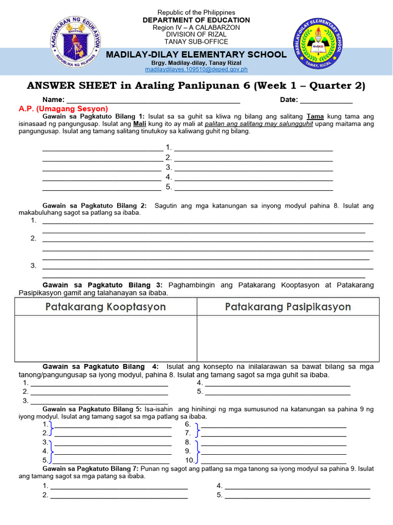 Answer Sheet Week 5 new | PDF