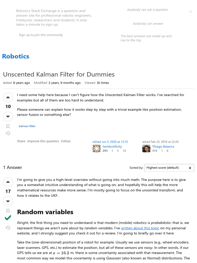 Unscented Kalman Filter For Dummies - Robotics Stack Exchange | PDF | Normal Distribution ...
