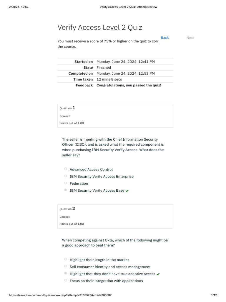 Verify Access Level 2 Quiz_ Attempt review | PDF | Cloud Computing | Ibm