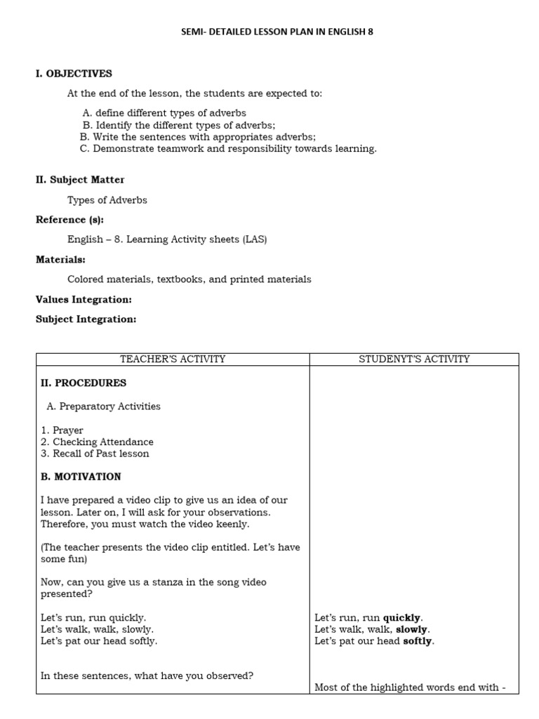 Adverbs Lesson Plan for Grade 8 | PDF | Adverb | Teachers