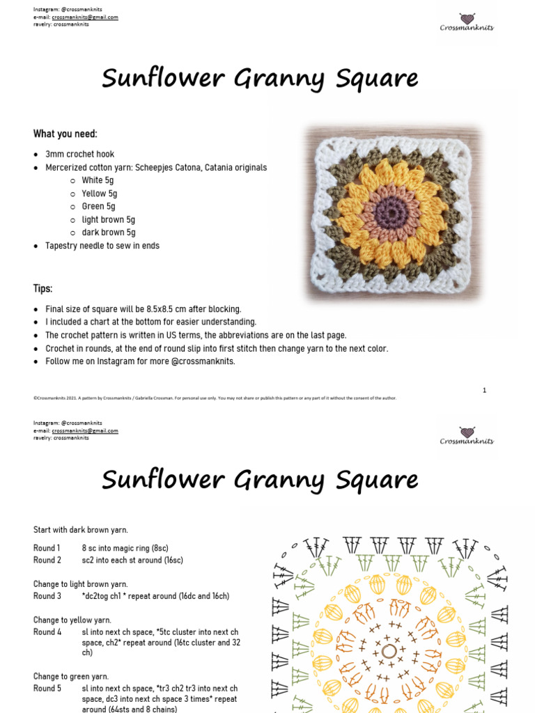 Sunflower Granny Square Pattern | PDF | Crochet | Woven Fabrics