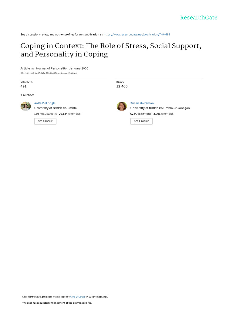Coping In Context The Role Of Stress Social Suppor Pdf Stress