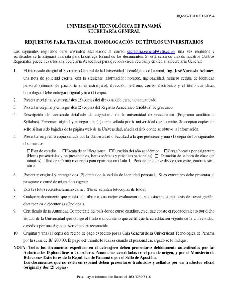 Requisitos Homologación Títulos UTP | PDF