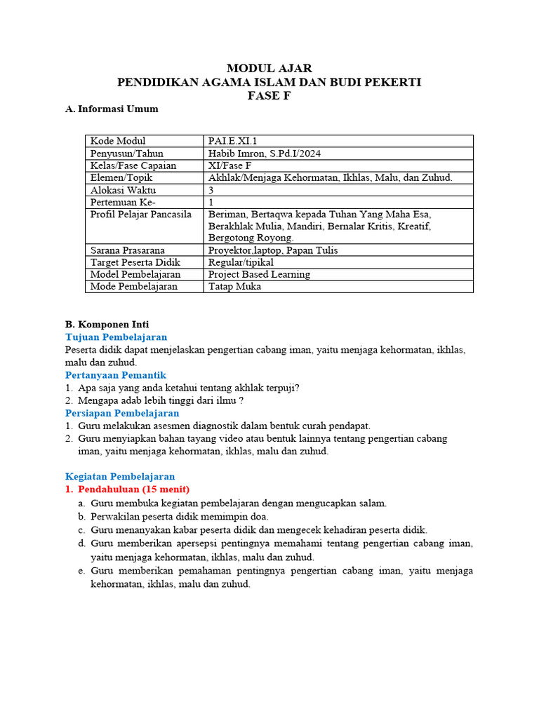 Modul Ajar Pai Sma Kelas Xi Bab 1 - Menjaga Kehormatan | PDF | Pengembangan Diri