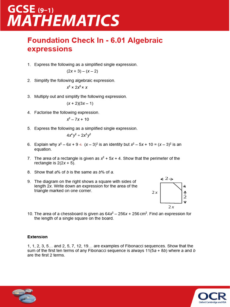 Foundation Topic Check in 6.01 Algebraic Expressions | PDF | Area ...