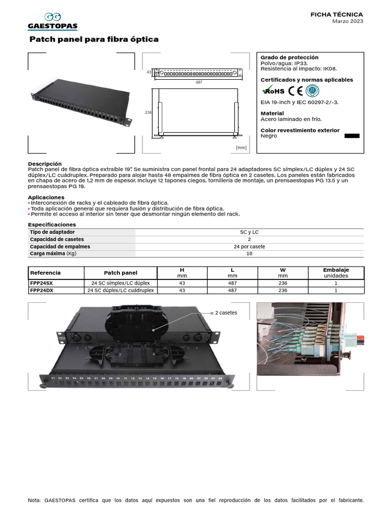 FT Patch Panel para Fibra Optica FPP24SX | PDF | Fibra óptica