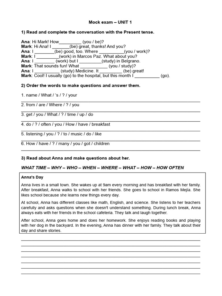 Mock Exam for English Present Tense | PDF