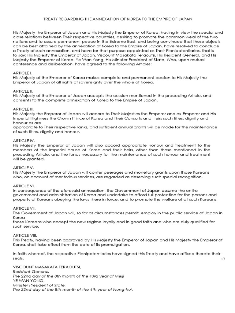 A Treaty Regarding The Annexation of Korea To The Empire of Japan | PDF ...