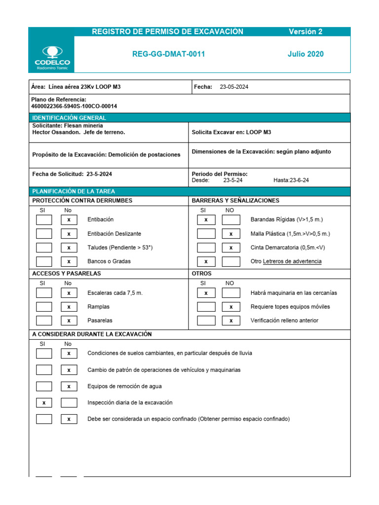 Registro Permiso de Excavación postación loop m3 | PDF