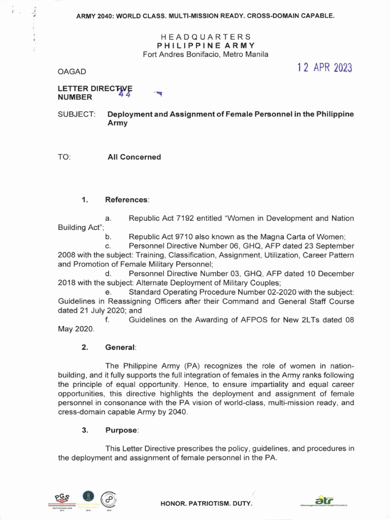 DEPLOYMENT & ASSIGNMENT OF FEMALE PERSONNEL | PDF