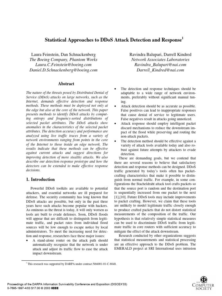 Statistical Approaches To Ddos Attack Detection and Response | PDF | Denial Of Service Attack ...