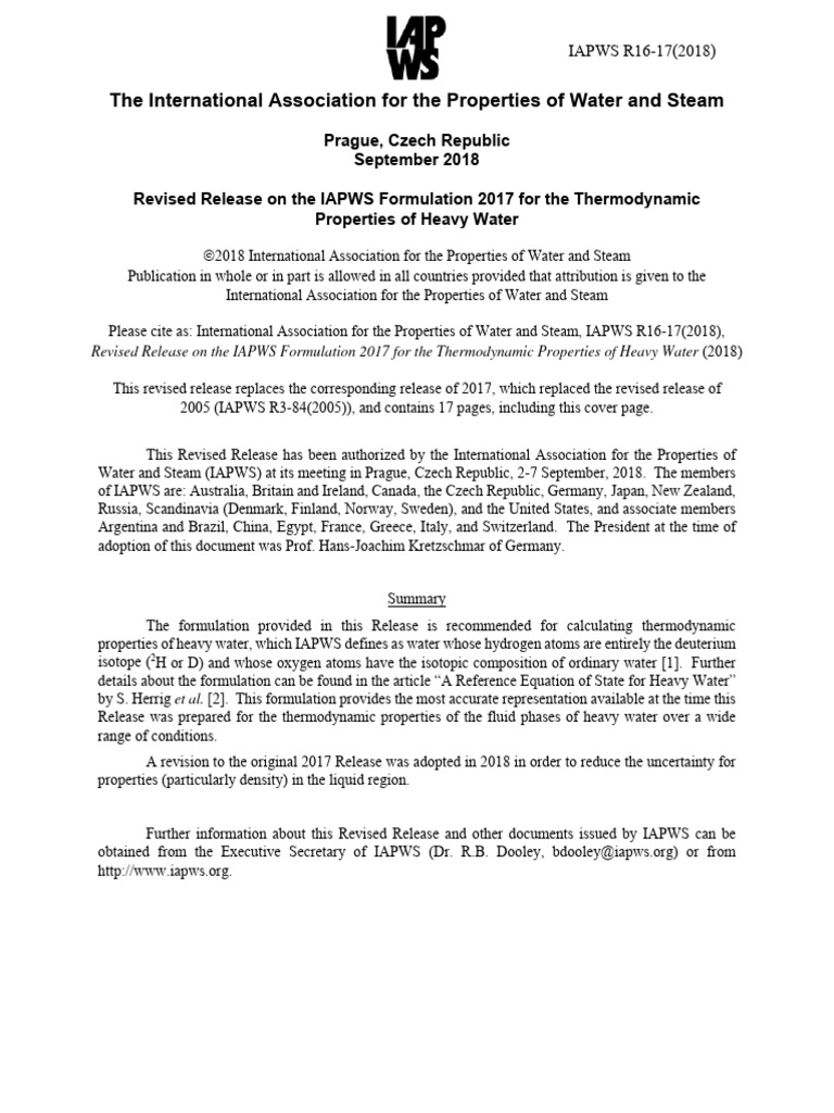 Revised Release On The IAPWS Formulation 2017 For The Thermodynamic ...