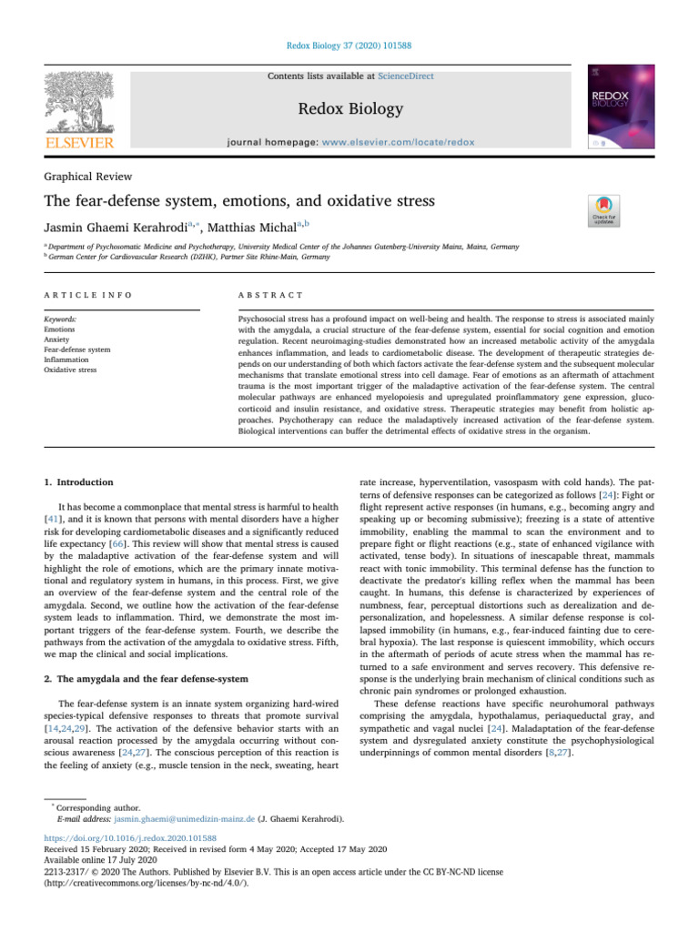 The Fear-Defense System, Emotions, and Oxidative Stress | PDF ...