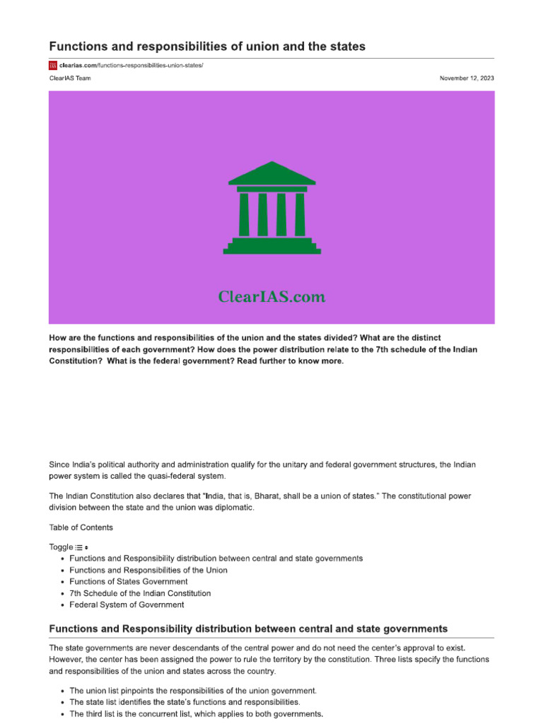Functions and Responsibilities of States and Union | PDF