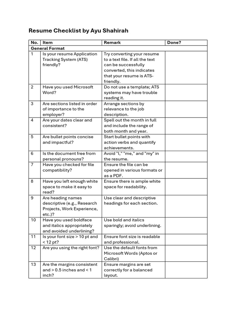 Resume Checklist by Ayu Shahirah | PDF | Résumé | Linguistics