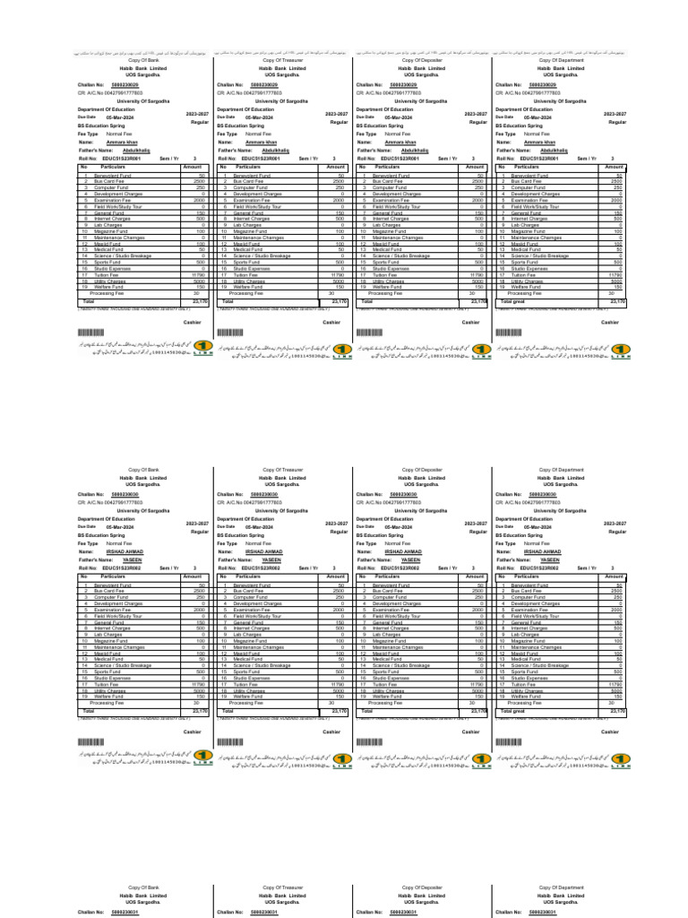 BS Spring 2023 3rd Challan Slips | PDF | Fee | Marketing