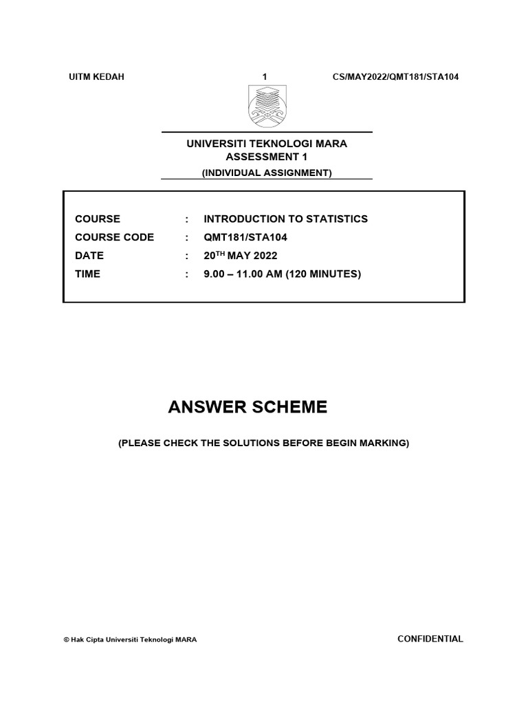 Answer Scheme Assessment 1 - 2 QMT181 - STA104 MAY2022 | PDF | Level Of ...