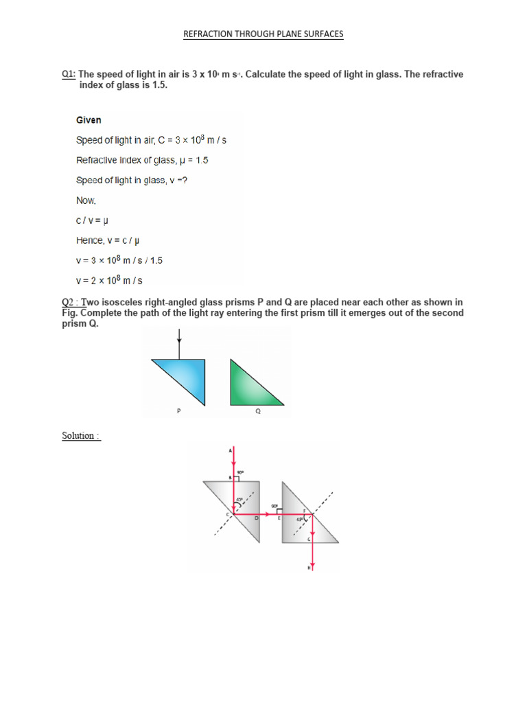 Refraction Worksheet | PDF | Refraction | Electromagnetism