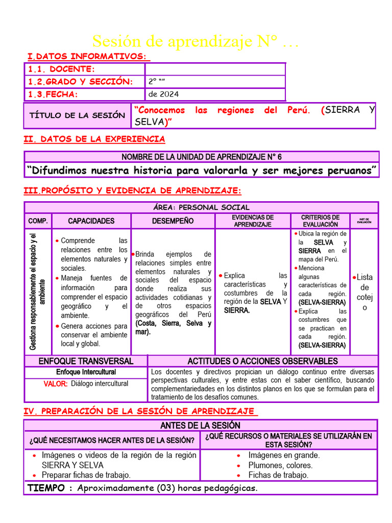 Sesión Conocemos Las Las Regiones Del Perú Sierra y Selva Maestra Janet ...