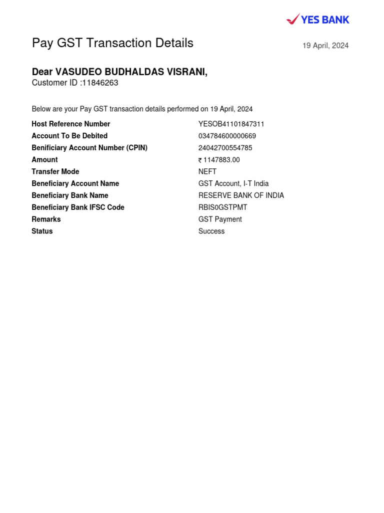 Pay GST Transaction Details: Dear Vasudeo Budhaldas Visrani | PDF